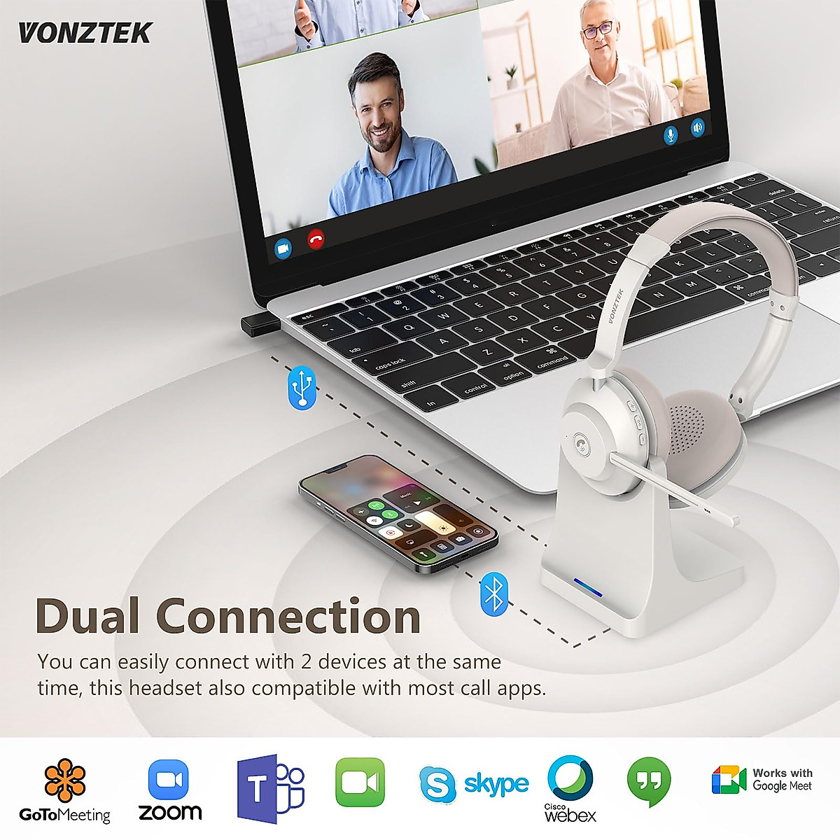 Wireless Headset, QCC 5.2 Bluetooth Headset with CVC 8.0 Dual Mic Noise Canceling & Charging Dock, 45 Hrs Wireless Headphones with USB Dongle for Computer Cell Phone Office Work Teams Meetings