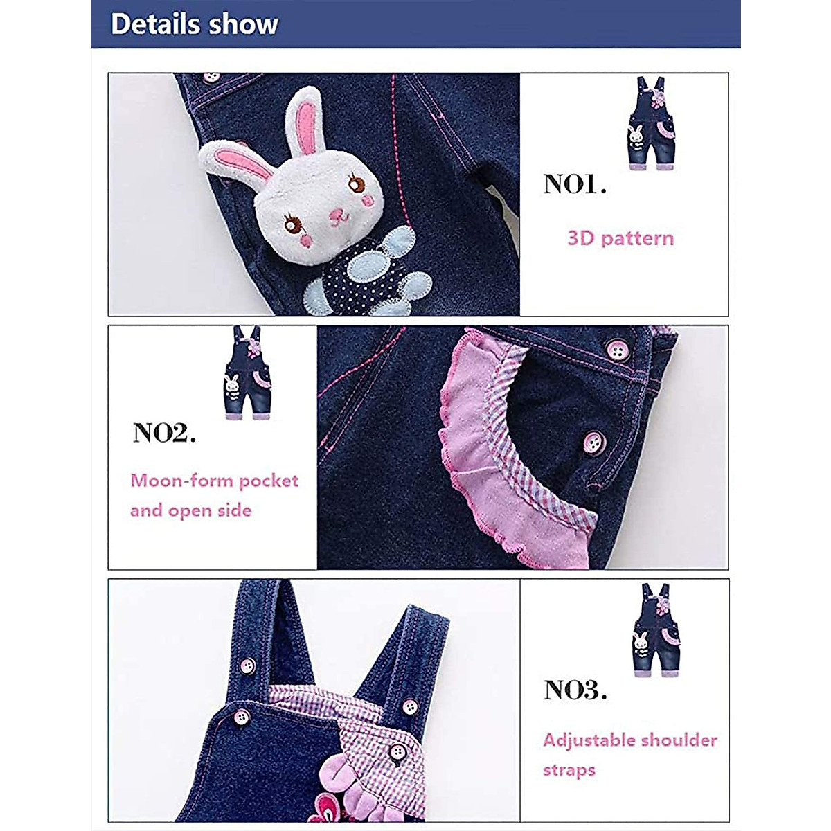 KIDSCOOL SPACE Baby Girl Jean Overalls,Toddler Denim Cute 3D Bunny Outfit,Blue,18-24 Months