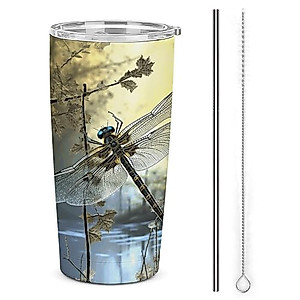 FHENMSA Stainless Steel Insulated Travel Coffee Mug,Dragonflies Print Reusable Car Cup,Thermal Cup for Outdoor with Straw And Lid