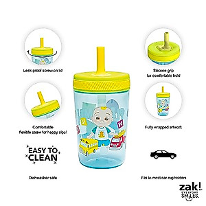 Zak Designs CoComelon Kelso Tumbler Set, Leak-Proof Screw-On Lid with Straw, Bundle for Kids Includes Plastic and Stainless Steel Cups with Bonus Sipper (3pc Set, Non-BPA), 15 fluid ounces