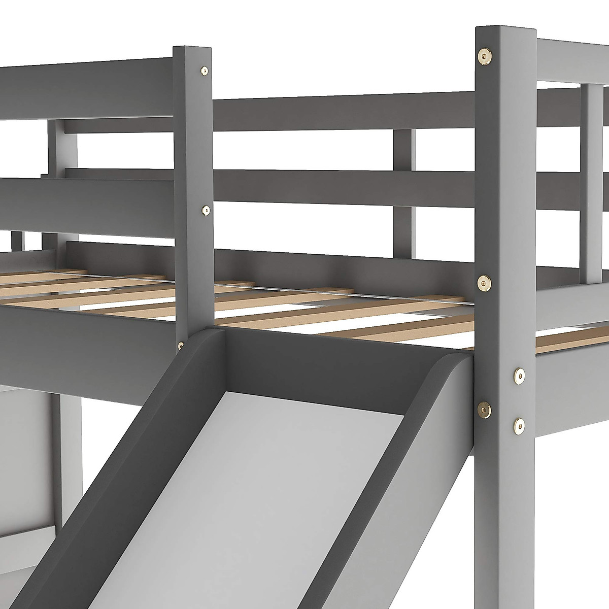 Twin Over Twin Bunk Bed with Slide and Storage Staircase, Twin Size Bunk Bed for Kids, Teens, No Box Spring Needed (Gray, Twin Over Twin)