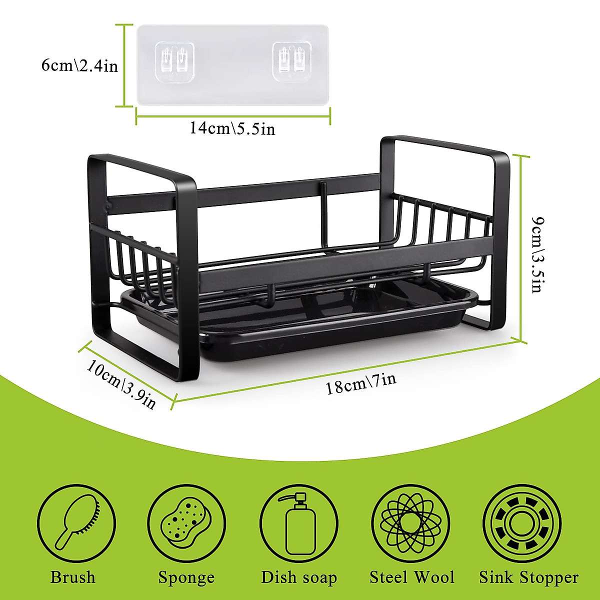 HONZUEN Sponge Holder for Kitchen Sink Caddy Organizer Stainless Steel with Drain Pan, Adhesive Metal Dishwash Sponge Holder Basket Countertop Stand Rustproof Durable for Srubber Brush (Matte Black)