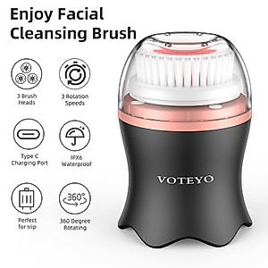 Facial Cleansing Brush - Face Cleansing Brush with 3 Replacement Brush Heads & 3 Modes, Waterproof, Type C Charging, Rotating Face Brush for Deep Cleansing, Black
