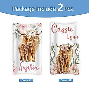 Personalized Changing Pad Cover, Custom Diaper Change Table Sheets with Name, Pink Floral Highland Cow Soft Jersey Knit Change Table Sheets for Girls, 2 Pack Changing Pad Covers (16" x 32")