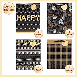 Boonny Valentine's Day Gift Bags, 8 Pack Gift Bags Large Size, Premium Black Gift Bags with Handles, 4 Assorted Black Foil Designs Paper Gift bags for Kids Birthday, Halloween, Birthday Party Favors, Kids Party Favors, 15.4Inch