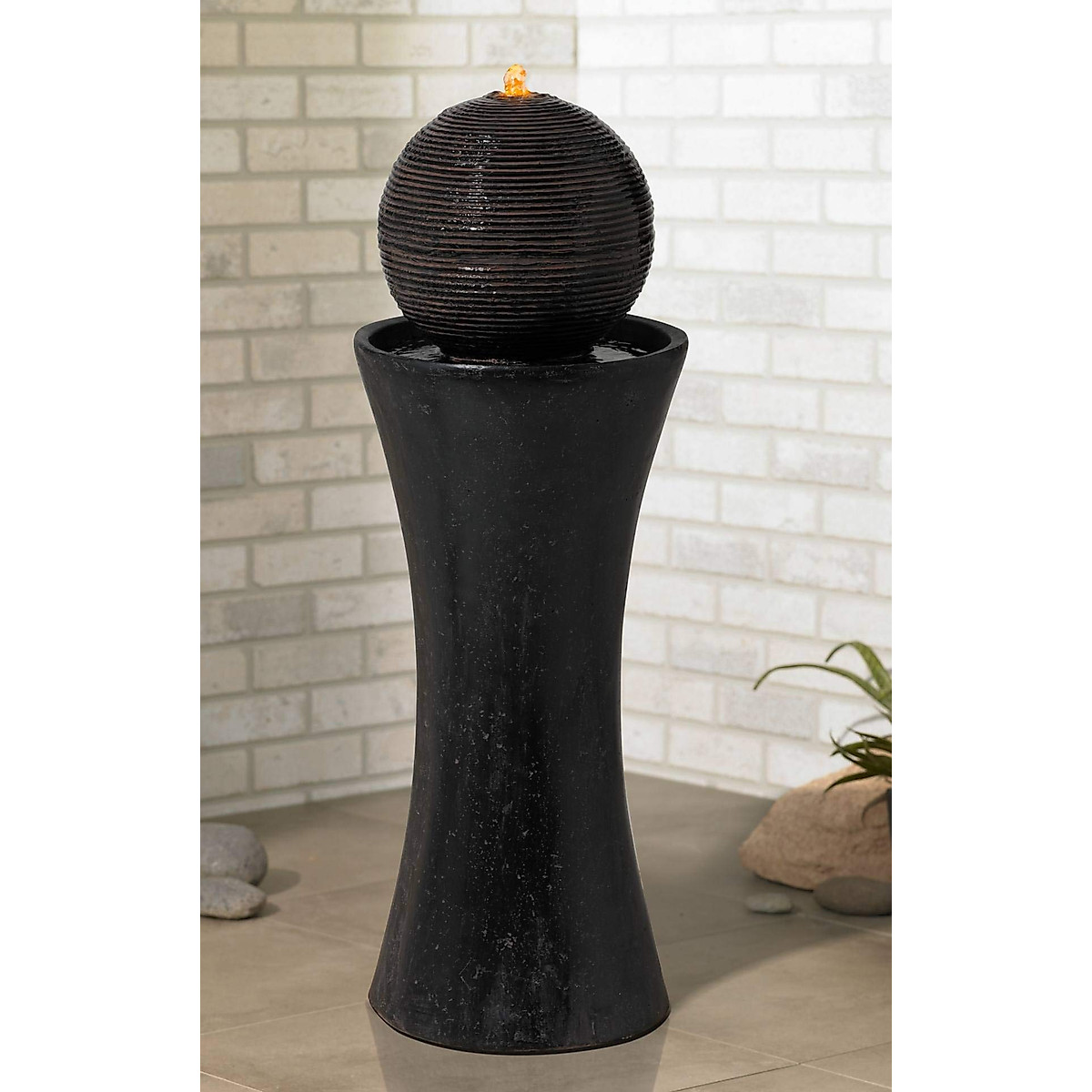 Dark Sphere Modern Zen Outdoor Floor Water Fountain 30" High with LED Light Bubbler Pillar for Garden Patio Backyard Deck Home Lawn Porch House Relaxation Exterior Balcony - John Timberland
