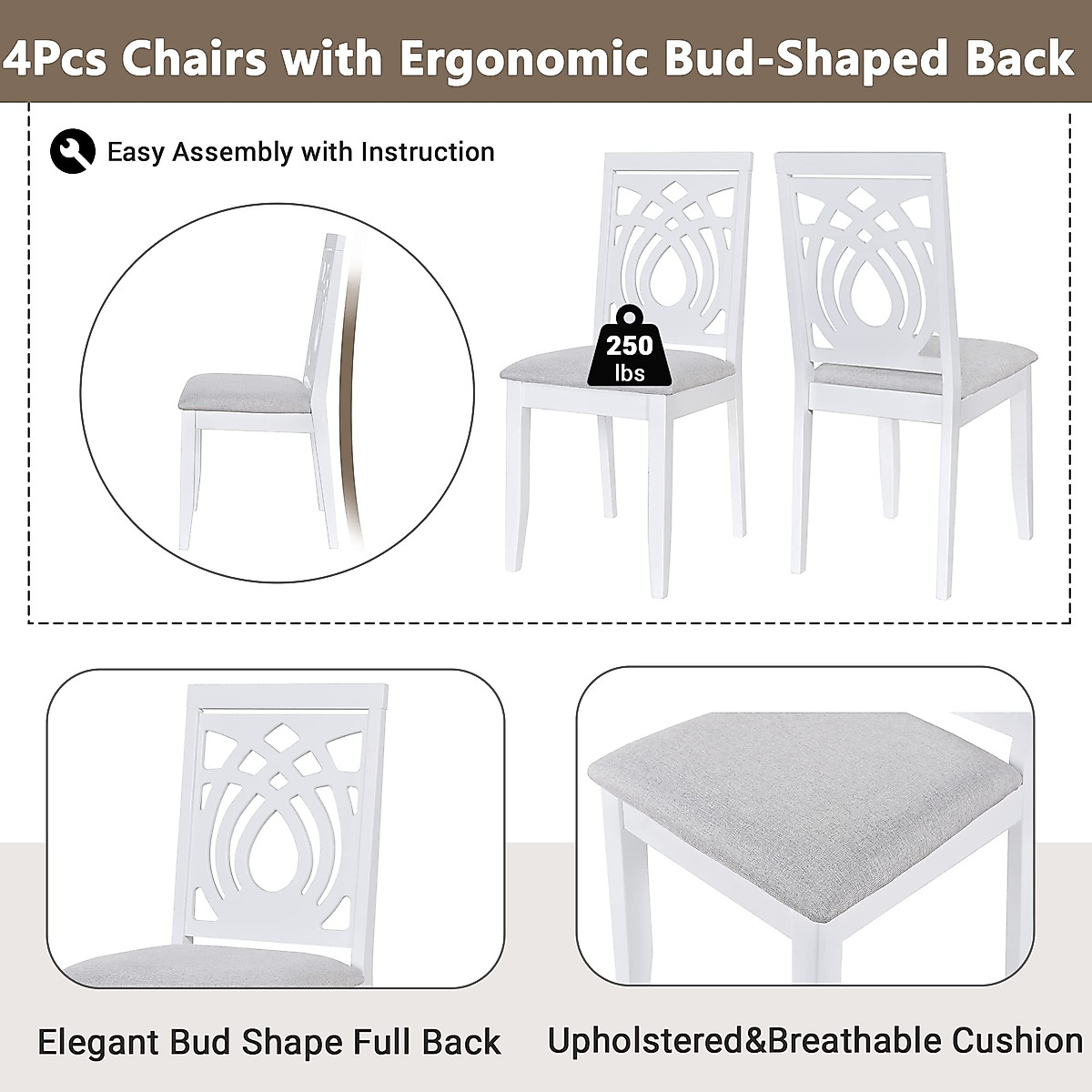 Merax Mid-Century Wood 5-Piece Extendable Dining Table Set with 4 Upholstered Chairs for Small Places, White_Round