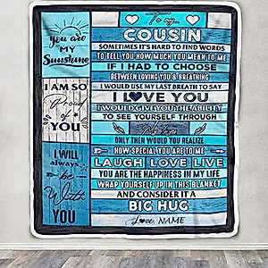TeesNow Personalized to My Cousin Blanket from Family Wood Laugh Love Live Big Hug Cousin Birthday Graduation Christmas Customized Bed Fleece Throw Blanket (30 x 40 Inches - Baby Size)