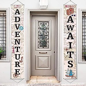 Adventure Awaits Bon Voyage Banner Garland Party Decoration Set Travel Themed Porch Sign Adventure for Indoor/ Outdoor Retirement Moving Relocation Travel Wedding Bachelorette Party Decorations (Khaki