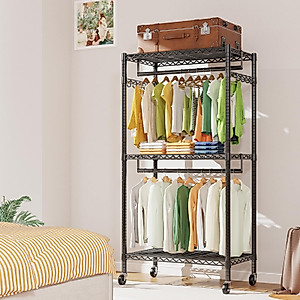 LEHOM G1M Heavy Duty Clothes Rack, 3 Tiers Rolling Garment Rack for Hanging Clothes, Adjustable Wire Clothing Rack with Storage Shelves, Lockable Wheels Freestanding Closet Wardrobe for Bedroom