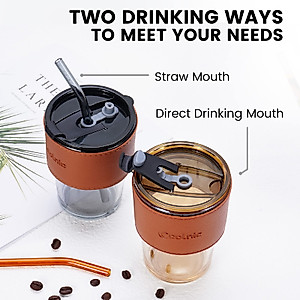 Colnic Iced Coffee Cup, 15Oz/450ml Glass Cups With Lids And Straws, Iced Coffee Glasses Tumbler, Thick Wall Glass Mug For Tea Water With 2 Glass Straw And Leather Sleeve, Glass Tumbler Gifts (Amber)