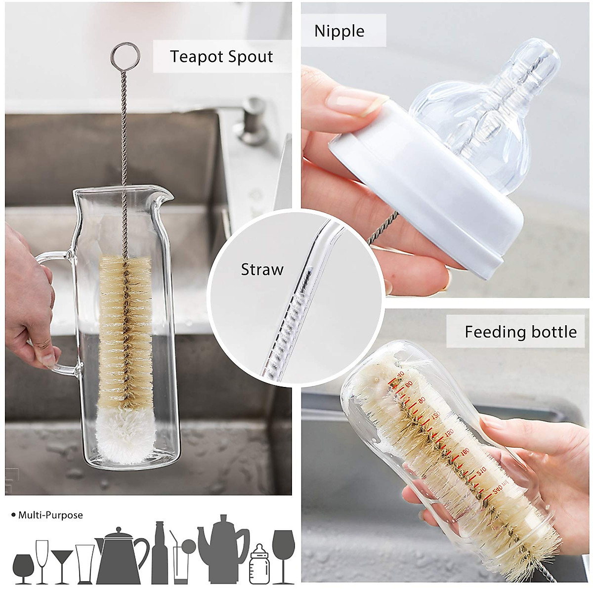 MASTERTOP 9 Pieces Bottle Brush Set - Long Water Bottle and Straw Brush Cleaning Set BPA Free Bottle Cleaner Brush for Baby Bottle Pipes Coffee Grinder Teapot Narrow Neck Wide Mouth Water Bottles