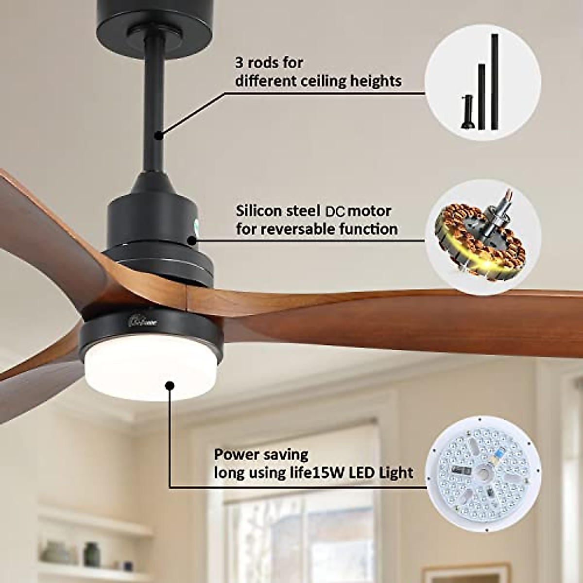 Sofucor 52 Inch Wood Ceiling Fan With Lights Remote Control Dimmable LED Light 3 Walnut Fan Blades Reversible DC Motor Modern Ceiling Fan with 3 Downrods(5 inch/10 inch/24 inch) for Farmhouse/Patios