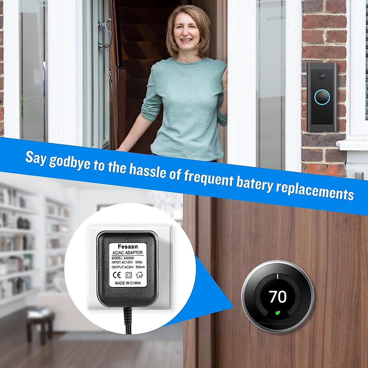 Fesasn C Wire Power Adapter, 24V Doorbell Power Transformer, for Ring Doorbell and Smart Thermostat for Nest Ecobee, Sensi and Honeywell (16.5 FT Black)