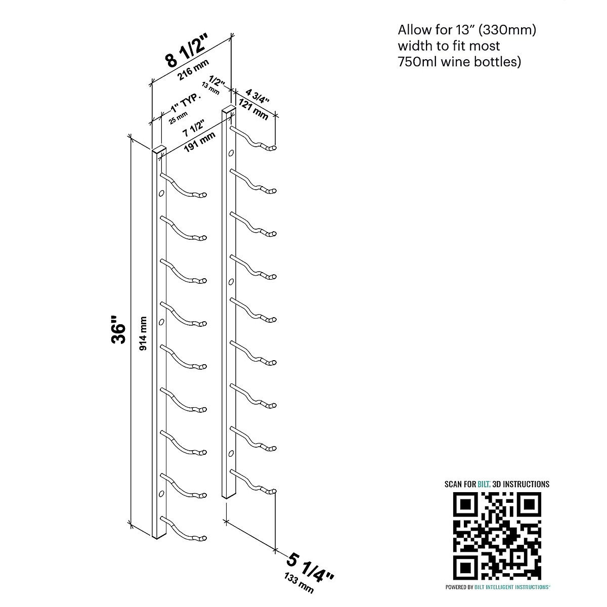 VintageView W Series (3 Ft) - 9 Bottle Wall Mounted Wine Rack (Satin Black) Stylish Modern Wine Storage with Label Forward Design