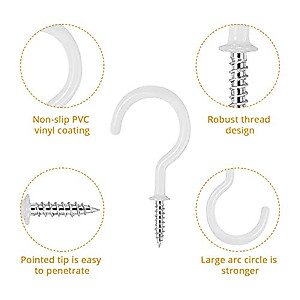 MJIYA 50 PCS Vinyl Coated Ceiling Hooks Question Mark Shape Hook Heavy Duty Screw Cup Hook for Bathroom Kitchen Wall Ceiling Hanging (White, 1/2 inch)