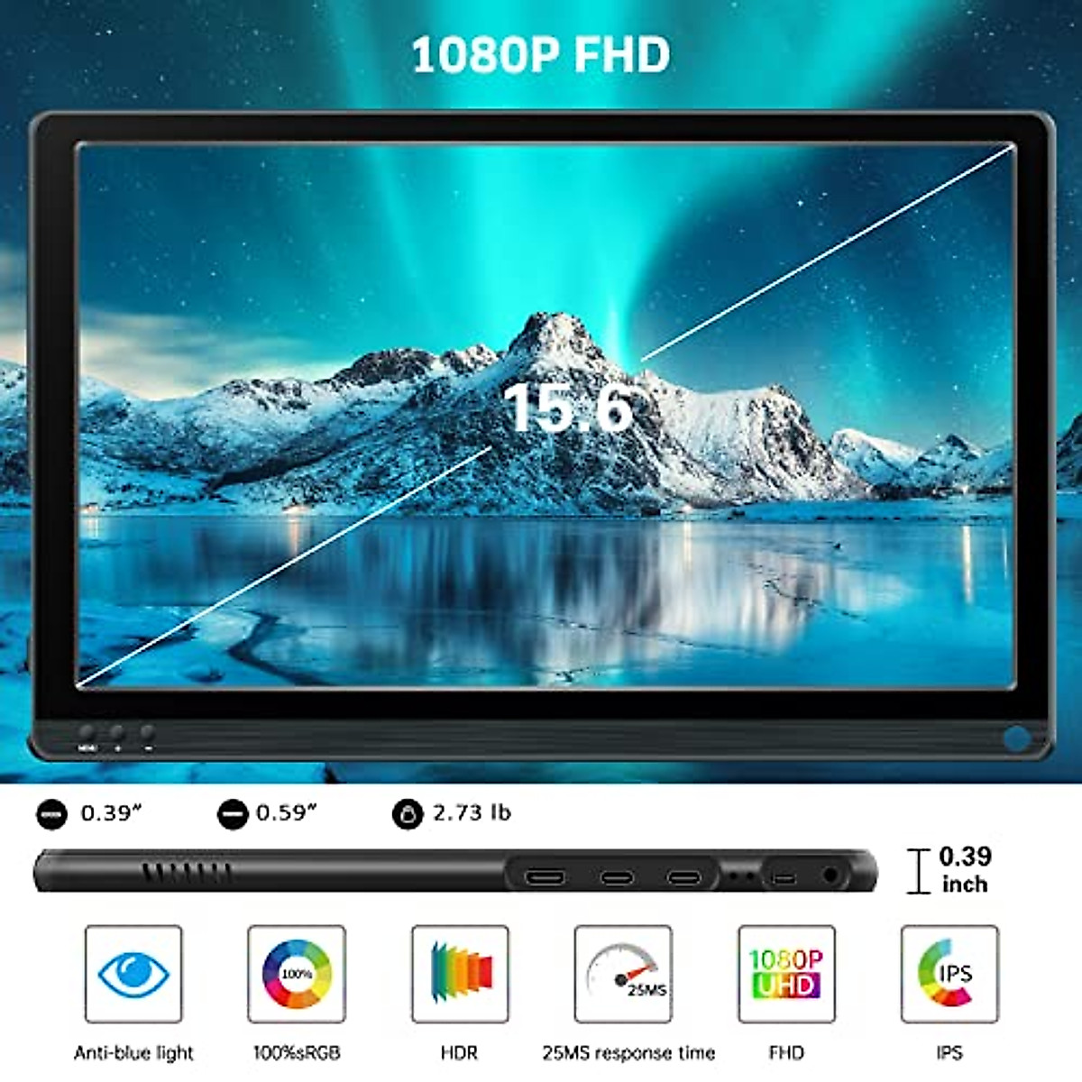 15.6" Portable Monitor for Laptop, FHD 1080P HDMI USB-C Ultra Slim Travel Monitor, IPS Blue Light Eye Care Computer Extender/Second/Dual Screen for PC Phone Mac Xbox PS4 Switch