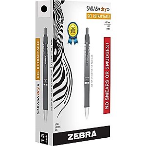 Zebra Pen Sarasa Dry X1 Retractable Gel Pen, Medium Point, 0.7mm, Black Ink, 12-Pack