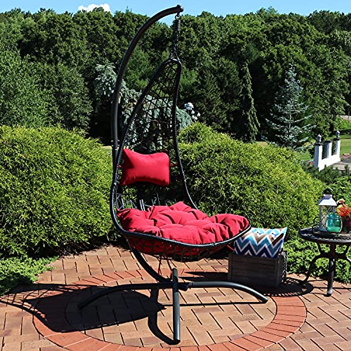 Sunnydaze Phoebe Hanging Lounge Chair with Stand and Seat Cushions - Resin Wicker Outdoor Basket Swing Chair with Steel Frame for Patio, Porch, Balcony, Backyard and Garden - 79-Inch - Red