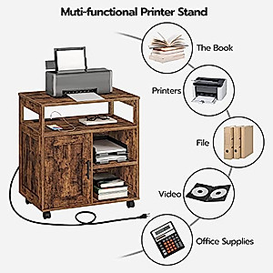 HOOBRO Printer Stand with Charging Station, Rolling Wood Storage Cabinet on Wheels, Printer Cart Table on Wheels for Home Office Rustic Brown FG60UPS01