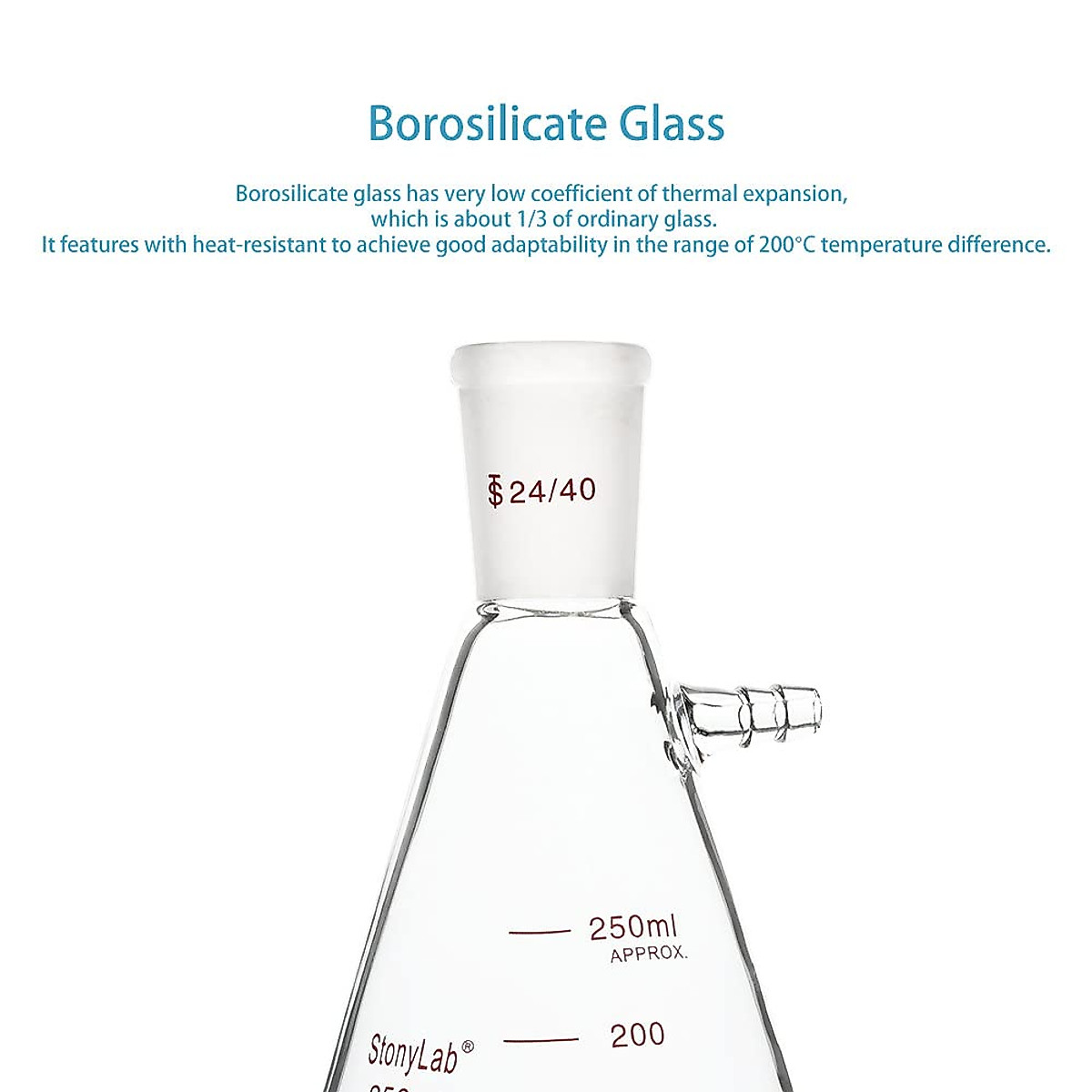 stonylab Filtering Flask with 24/40 Standard Taper Outer Joint, Heavy Wall Borosilicate Glass Filter Flask, Bolt Neck with Tubulation, 250 ml