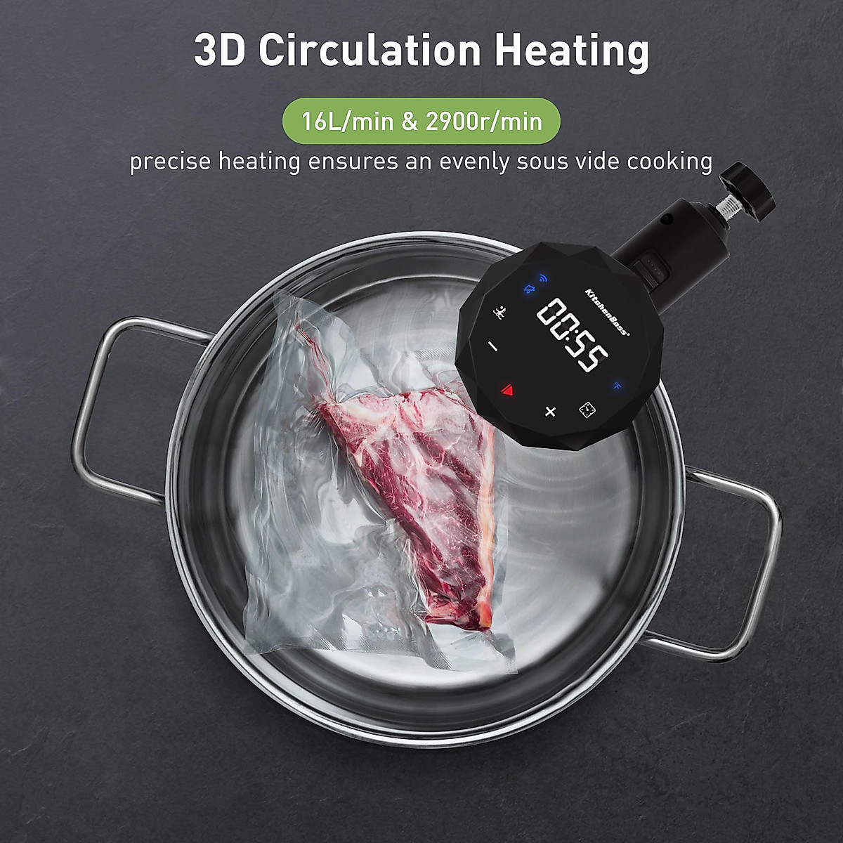 KitchenBoss Wifi Sous Vide Machine: Ultra-quiet Precision Cooker Immersion Circulator APP Control, IPX7 Waterproof Stainless Steel 1100W Professional Low Temperature Cooking Machines (G300PT)