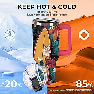40 Oz Vacuum Tumbler with Light Rose Red Handle Leakproof Insulated Tumbler Surfboard And Flowers Stainless Steel Travel Mug with Lid And Straw Coffee Cup Cute Water Bottles Cup Holder Friendly