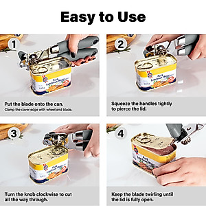 Can Opener Manual, TJ POP Can Opener, Heavy Duty Hand Held Can Openers, Stainless Steel Can Opener Smooth Edge, Easy Turn Knob, with Bottle Opener, Kitchen Gadgets Gray