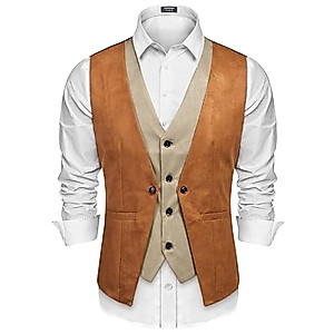 COOFANDY Men's Suede Leather Vest Layered Style Dress Vest Waistcoat, Rust, XX-Large