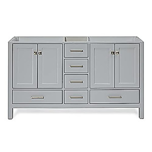 ARIEL 60" Grey Double Bathroom Vanity Base Cabinet, Double Sink Configuration, 4 Soft Closing Doors, 6 Full Extension Dovetail Drawers, Brushed Nickel