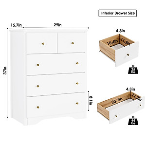 HOUSUIT Dresser with 5 Drawers, Tall Dresser Chest of Drawers, 5 Drawer Dresser with Deep Space, Wood Dresser Storage Cabinet for Living Room, Hallway, Entryway, Office, White