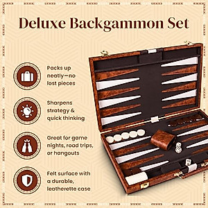 Backgammon Set 15 inch, Medium - Classic Board Game for Adults and Kids with Premium Leather Case - Includes Strategy & Tip Guide (Brown)