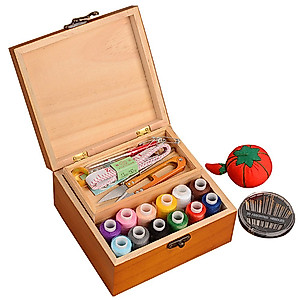 OLizee® Portable Wooden Sewing Kit Case Organizer Box Set for Home Travel, with Thread/Needles/Tape Measure/Scissors/Thimble and Other Accessories