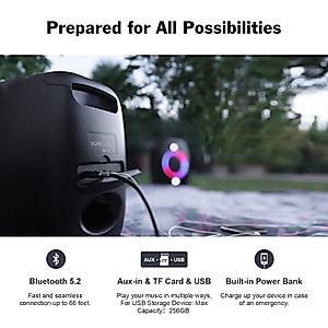 DOSS Outdoor Bluetooth Speaker with Subwoofer, 60W Powerful Sound, Rich Bass, Dual DSP, Mixed Colors Lights, PartySync, Mic and Guitar Inputs, Karaoke Machine for Backyard and Poolside Party