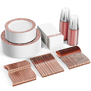 FOCUSLINE 350pcs Rose Gold Dinnerware Set for 50 Guests, Rose Gold Lace Plastic Plates Disposable Heavy Duty, Including 50 Dinner Plates, 50 Dessert Plates, 50 Cups, 50 Napkins, 50 Silverware Set