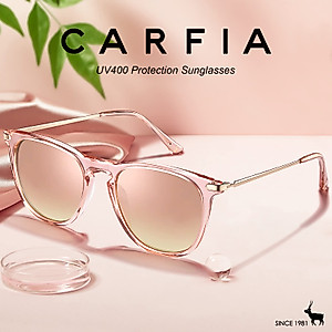 CARFIA Pink Mirrored Lightweight Polarized Sunglasses for Women UV Protection, Retro Square Ladies Sunnies Driving Eyewears