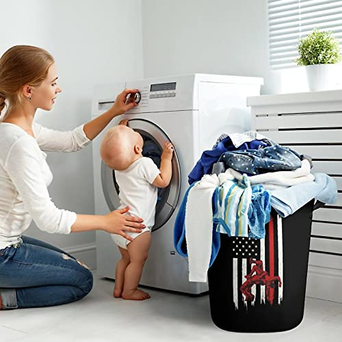 America Wrestling Flag Large Laundry Basket Hamper Bag Washing with Handles for College Dorm Portable