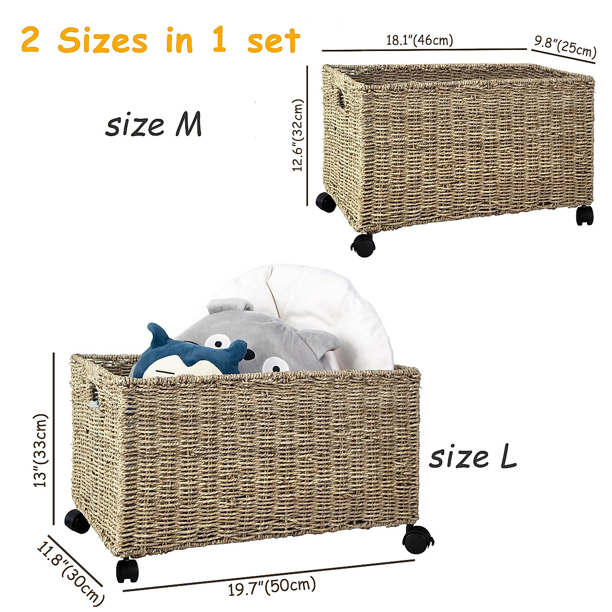 PEMAR Set 2 (different sizes nesting in a set) Natural Wicker Rolling Storage Baskets on Wheels w Insert Handle, Under Table Under Desk Storage Bins, Mobile File Cabinet Organiser. Seagrass