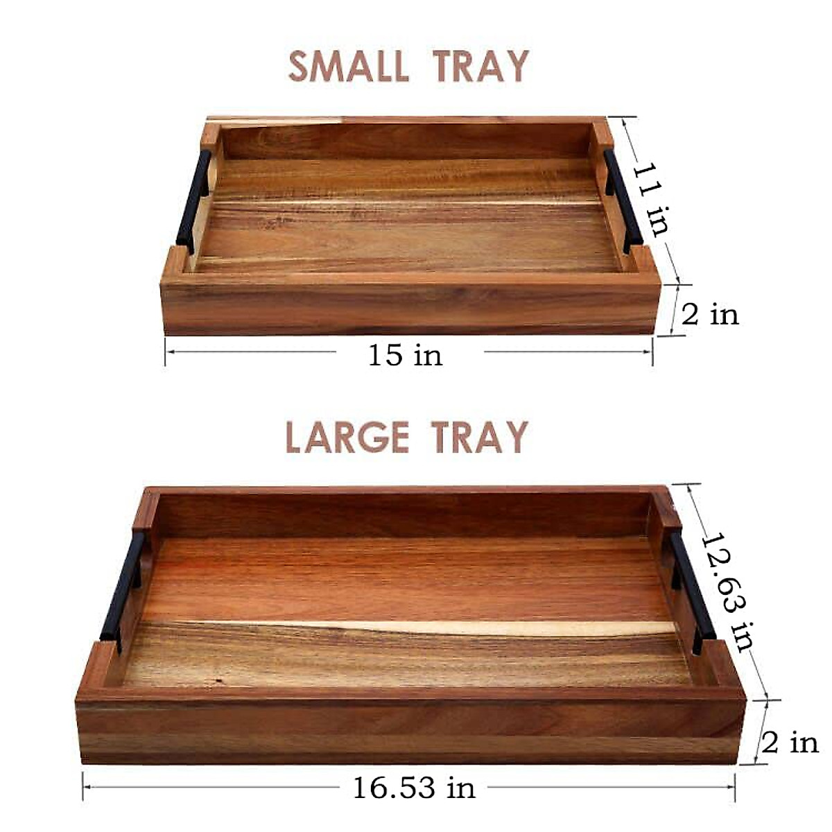 Acacia Wood Serving Tray with Handles Set of 2, Rustic Serving Tray for Ottoman, Wood Nesting Trays, Decorative Serving Trays for Breakfast in Bed,Lunch,Dinner,Coffee Table,BBQ, Party –Great for Lap