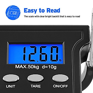 Etekcity Fishing Scale with Backlit LCD Display, 110lb/50kg Digital Electronic Hanging Hook Scale with Batteries and Carry Pouch Included, Black, Non-Slip Handle