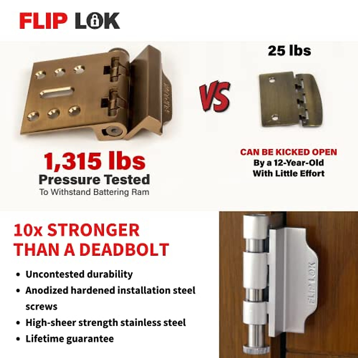 FlipLok High Security Door Lock - 10X Stronger Than a Deadbolt, Keypad Lock, Black, Keyless