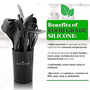 NutriChef 10 Pcs. Silicone Heat Resistant Kitchen Cooking Utensils Set-Non-Stick Baking Tools with PP Holder (Silver & Black), 1