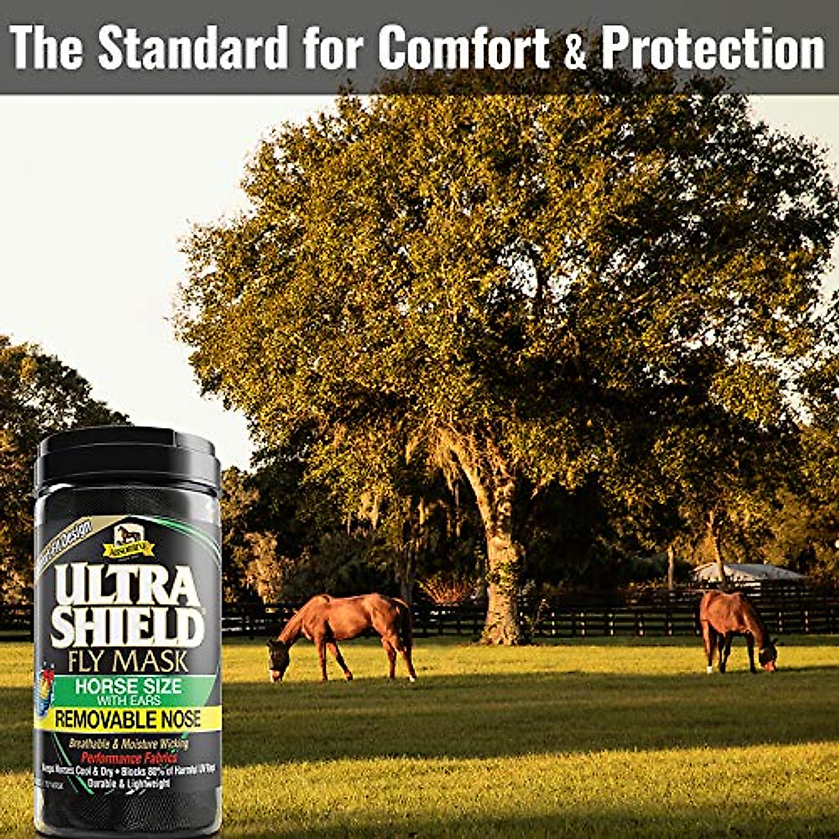 Absorbine UltraShield Equine Fly Mask, UV Protection, Horse Size with Ears & Removable Nose