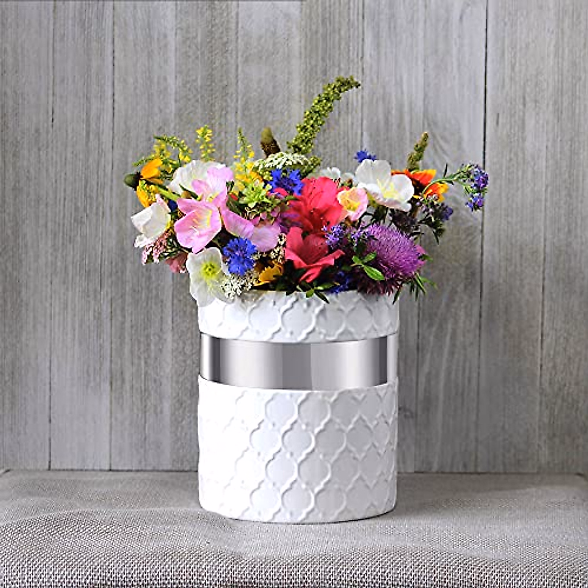 Home Acre Designs Kitchen Utensil Holder - Large Ceramic Farmhouse Countertop Crock, White/Silver