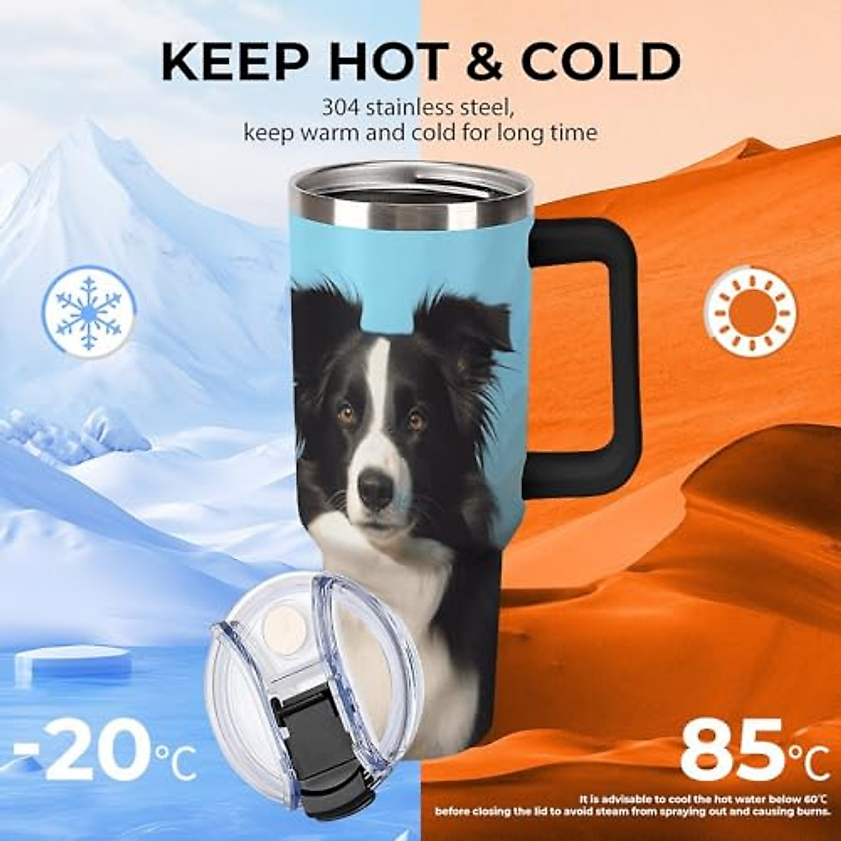 LLUTSNTH 40 Oz Vacuum Tumbler with Black Handle Leakproof Insulated Tumbler Border Collie Stainless Steel Travel Mug with Lid And Straw Coffee Cup Cute Water Bottles Cup Holder Friendly