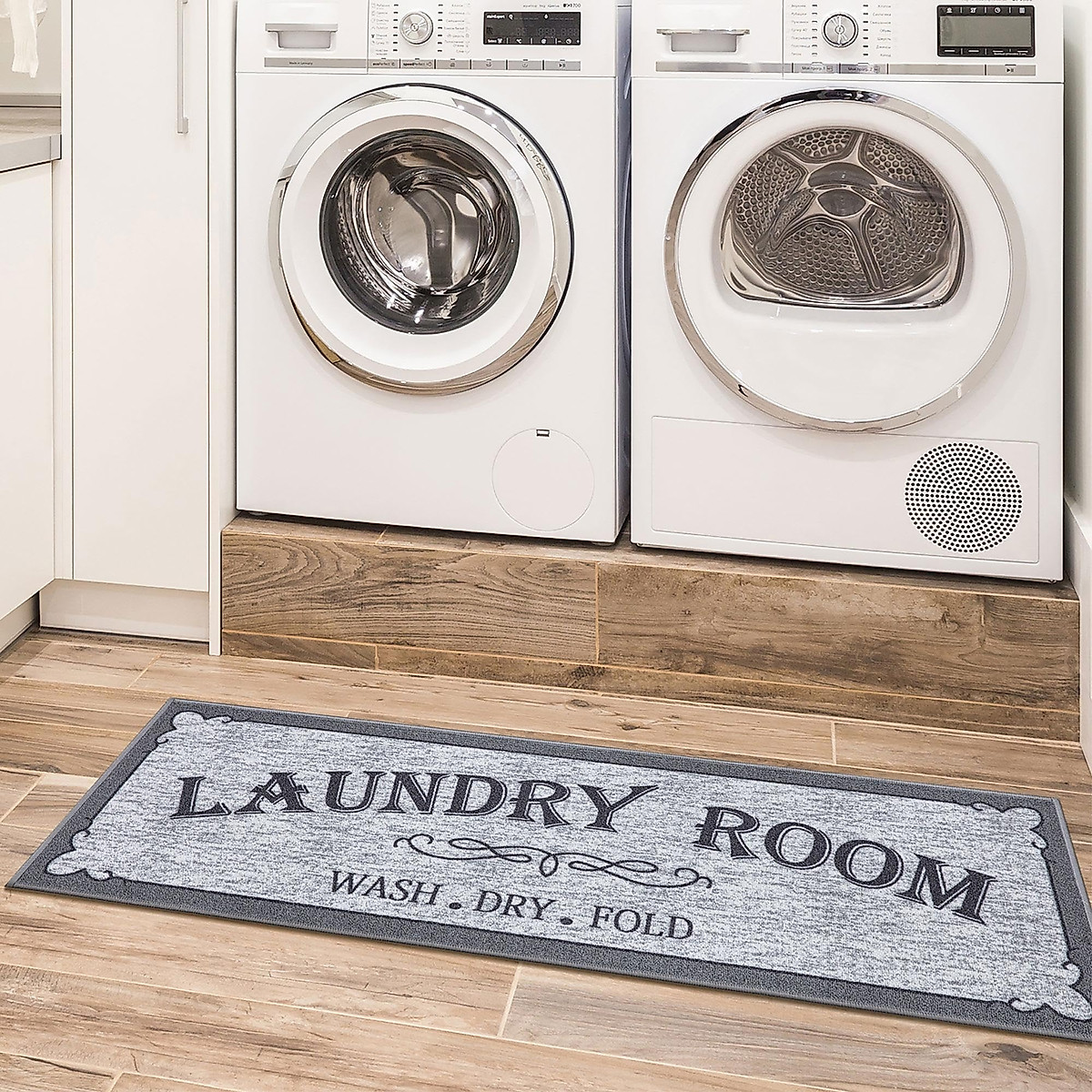 Ottomanson Laundry Collection Non-Slip Rubberback Laundry Text Design 2x5 Laundry Room Runner Rug, 20" x 59", Light Gray