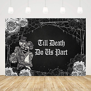 AIBIIN 7x5ft Halloween Till Death Do Us Part Backdrop Spooky Skull Gothic Wedding Party Decorations Supplies Bridal Shower Bride and Groom Mr and Mrs Anniversary Party Banner Photo Shoot Props