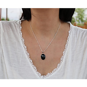Sterling Silver Oval Black Onyx Small Pendant Necklace - Handmade 15x20mm Black Stone 16+2 inches Chain for Women