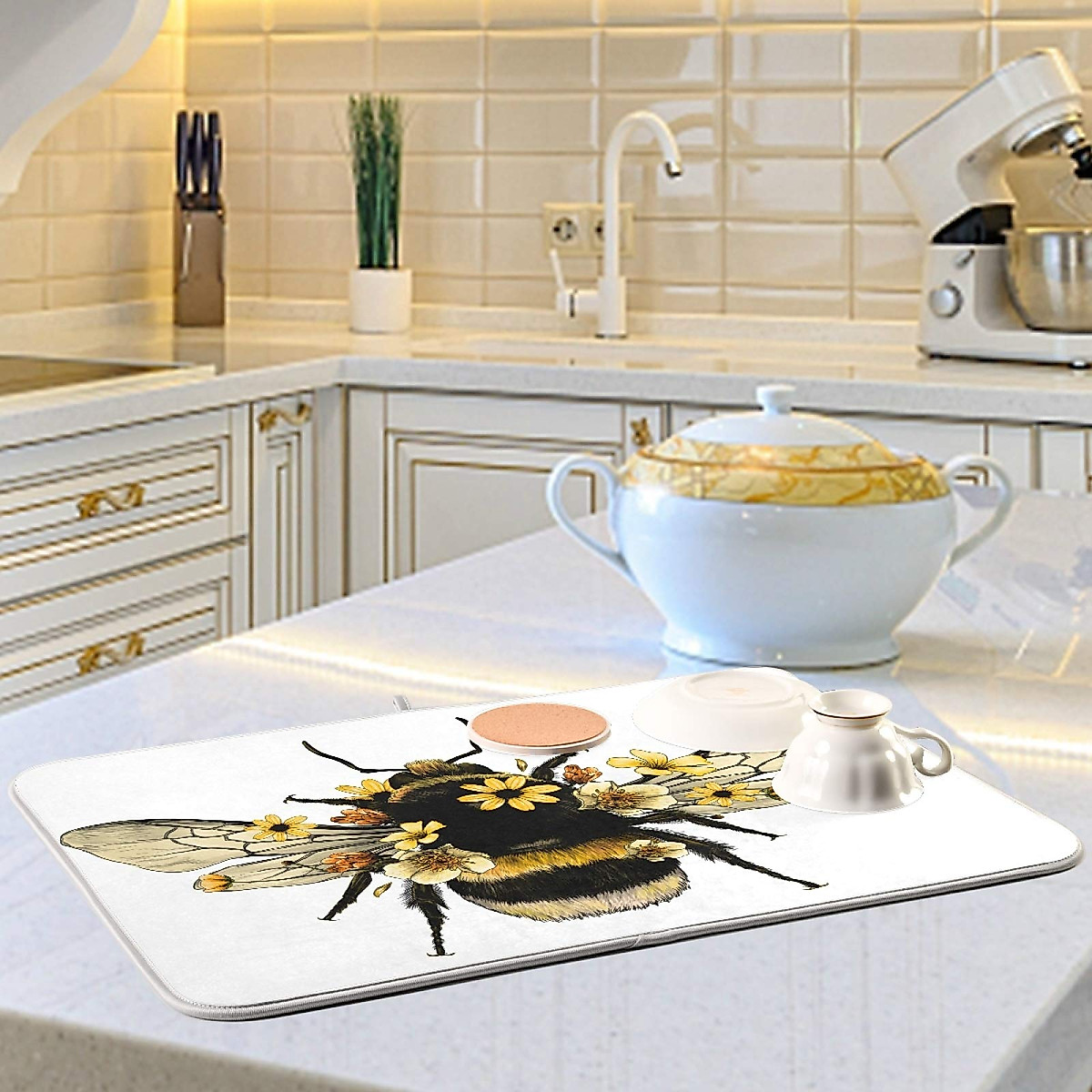 Aflyko Bee Flower Cute Dish Drying Mat Countertop Protector Kitchen Decor 16" × 18"