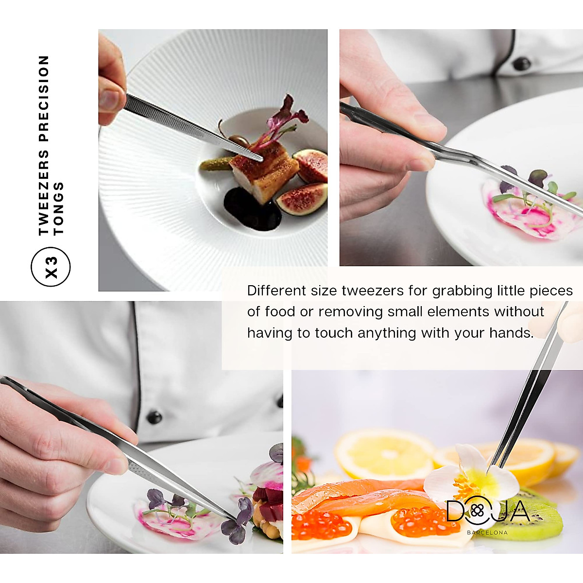 DOJA Barcelona | Chef Plating tools culinary set | BLACK | 7 Professional cooking Utensils | 3 kitchen tweezers Drawing Pencil Spoon Fish tongs Spatula Slotted spoon | Modernist cuisine food art